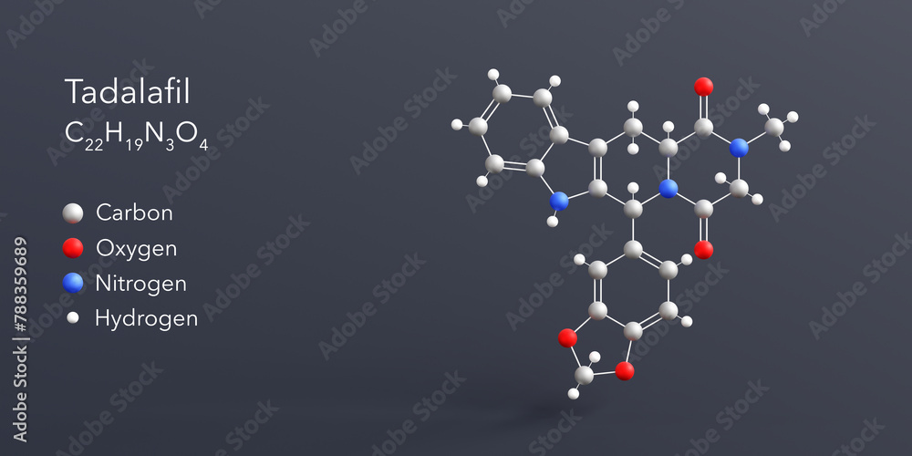 tadalafil molecule 3d rendering, flat molecular structure with chemical ...