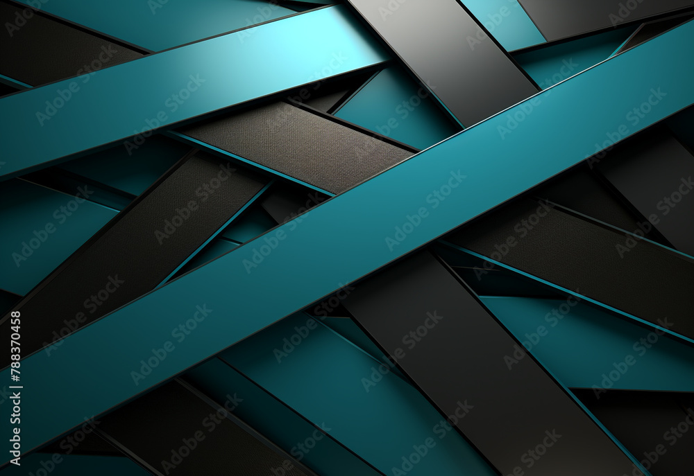 3D panoramic deep teal black metal background. Modern geometric shape ...