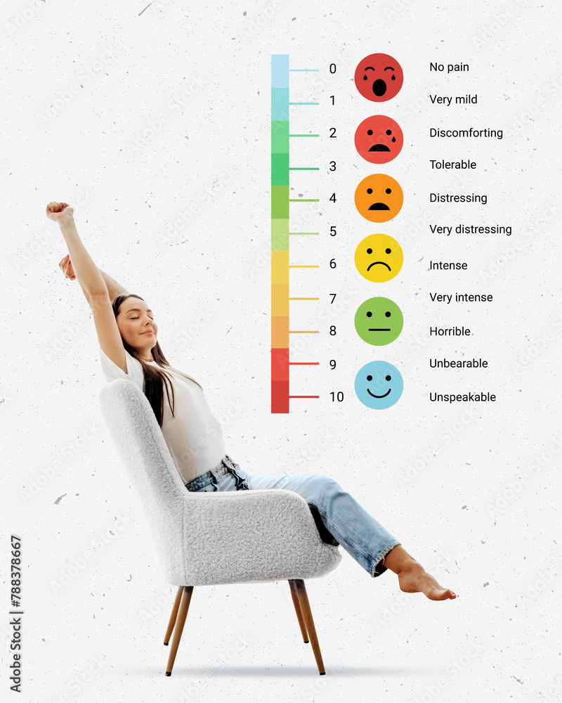 pain measurement scale. Colorful set of emotion icons with a girl ...