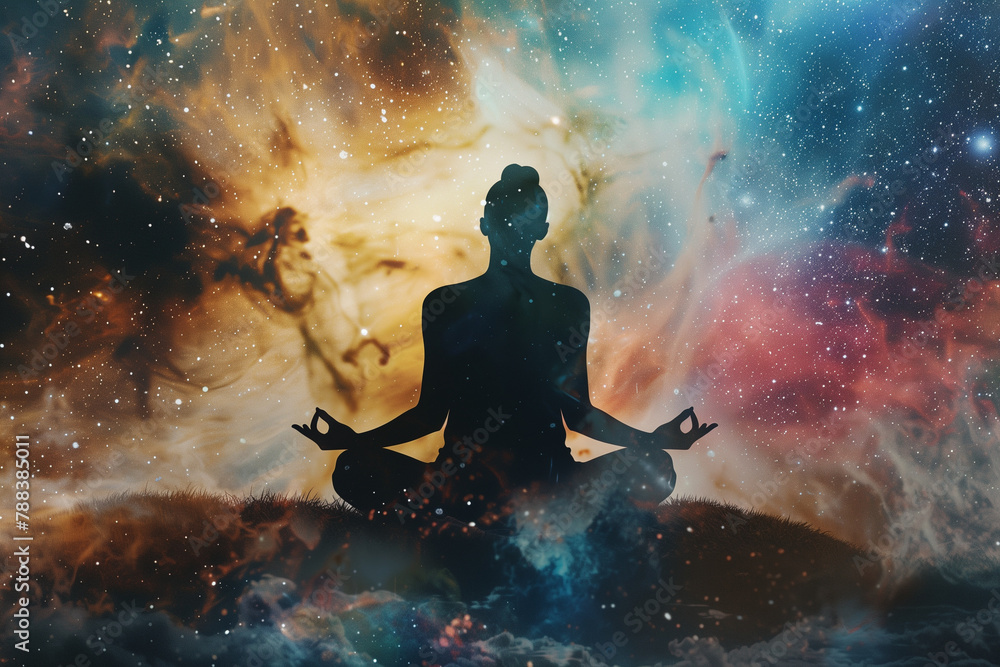 double exposure of the serene lotus pose meditation juxtaposed against ...