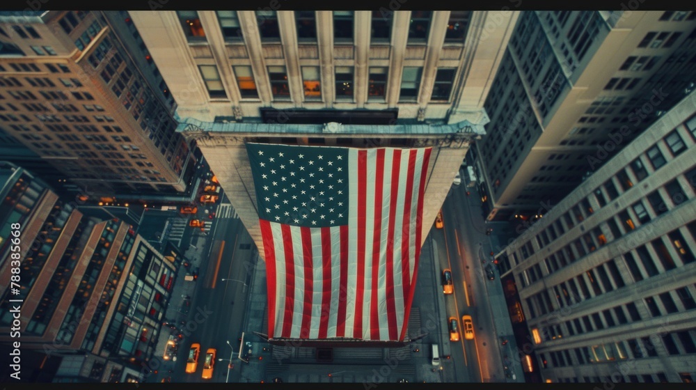 A high-angle shot capturing the American flag draped over a building ...