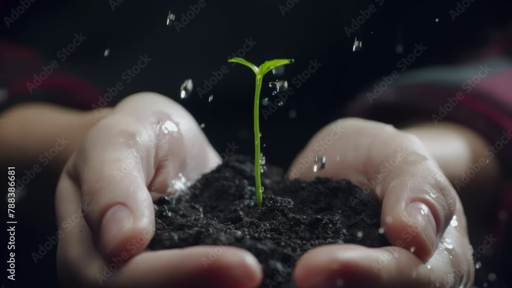 Vidéo Stock Woman hands holding green seedling. Water drops falling on ...