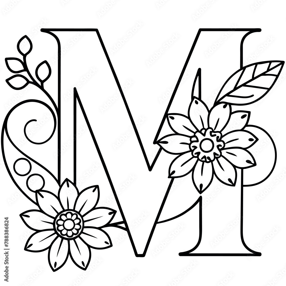 Alphabet M coloring page with the flower, M letter digital outline ...