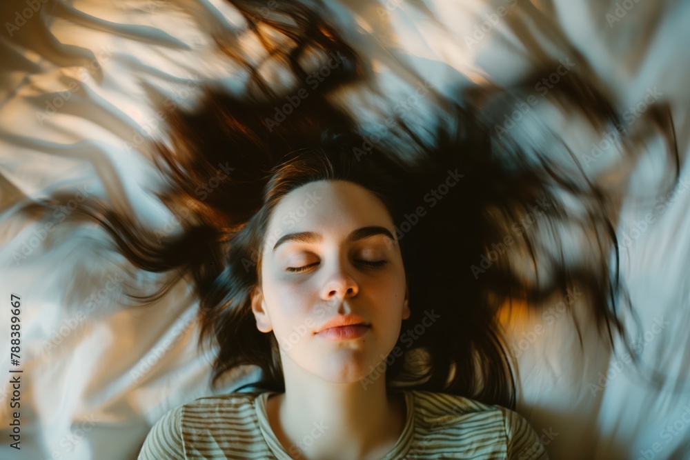 Dizziness in a young woman lying on a bed, absent-mindedness and ...