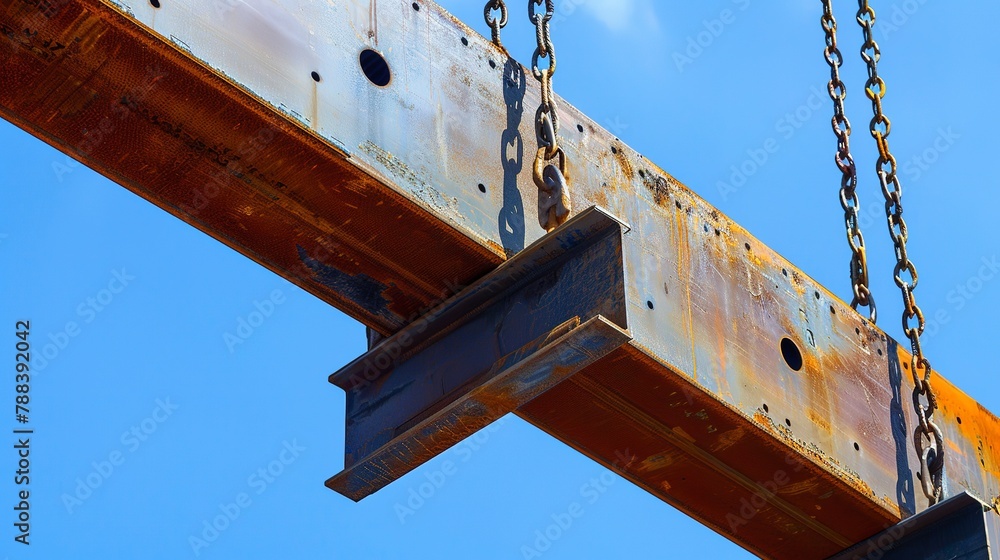 Steel beam being hoisted against clear sky, close-up, dynamic angle ...