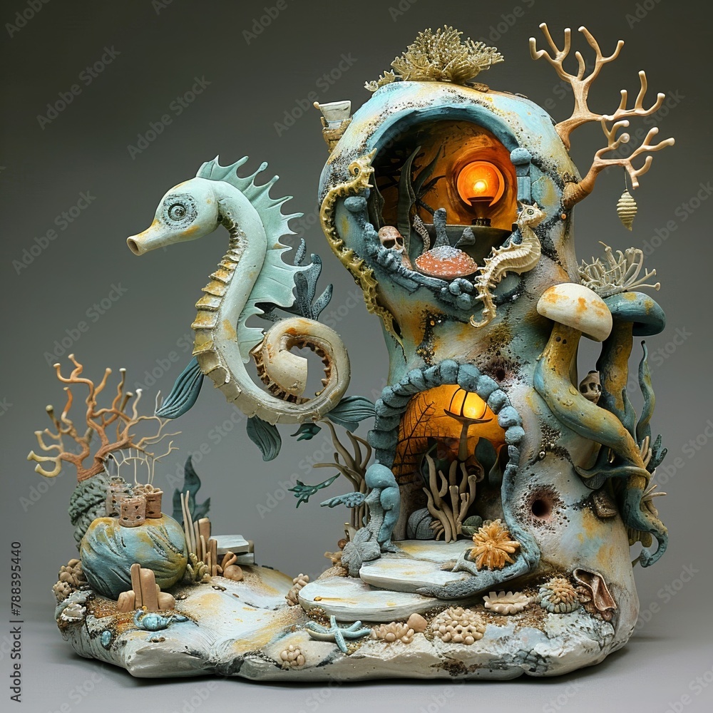 Craft a clay sculpture of a fantastical underwater scene, showcasing a ...