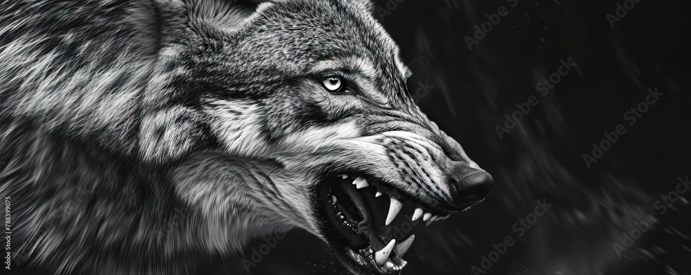 Aggressive wolf head detail in black and white color. Detail of Wolfs ...