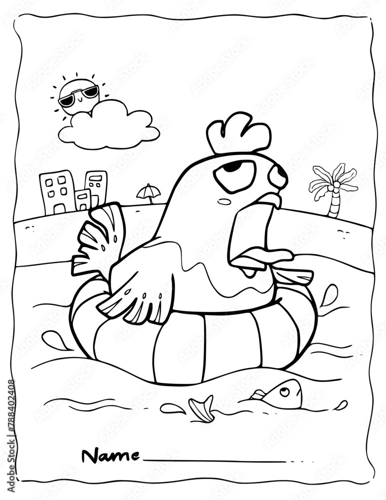Summer, chicken on the beach, Coloring Pages For Kids, digital painting ...