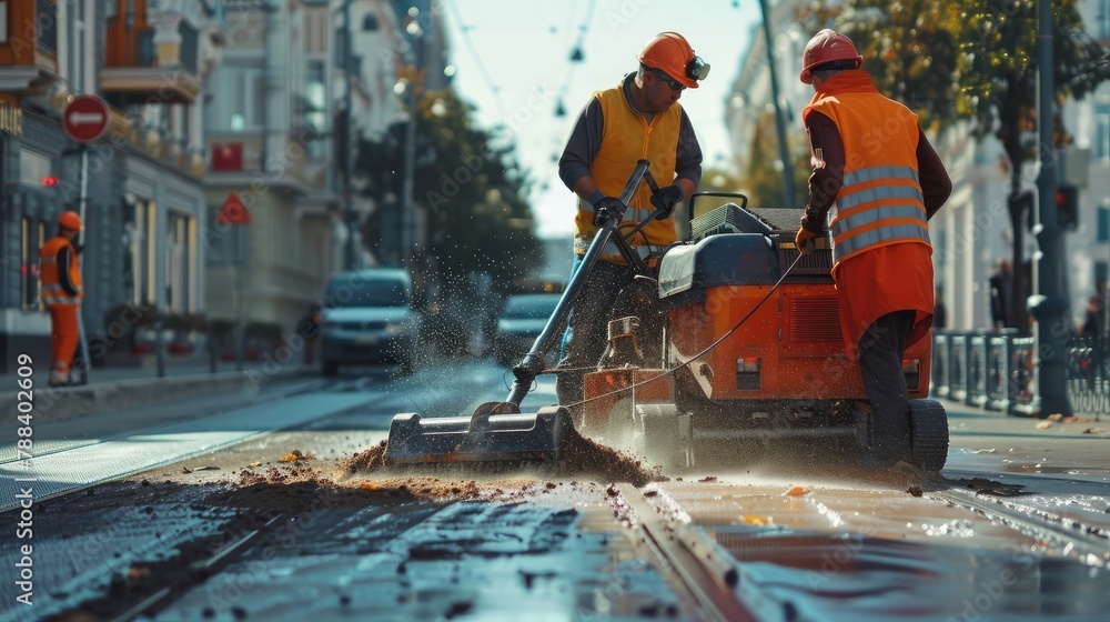 city maintenance crew using street sweepers and vacuums to remove dirt ...