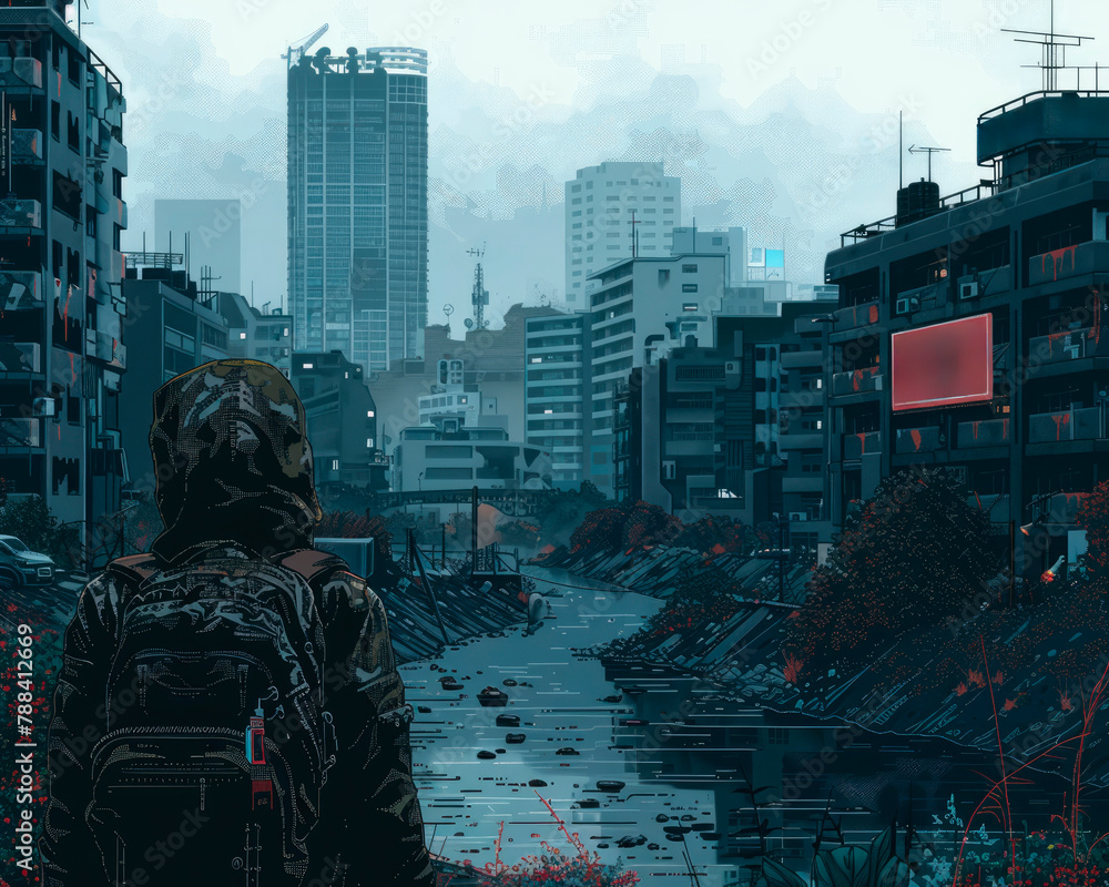 Illustrate a postapocalyptic world seen from behind, utilizing a mix of ...