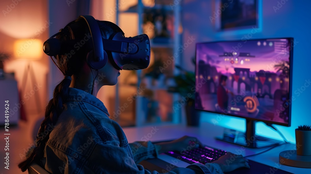 gamer girl fully immerged VR AR virtual augmented reality gaming ...