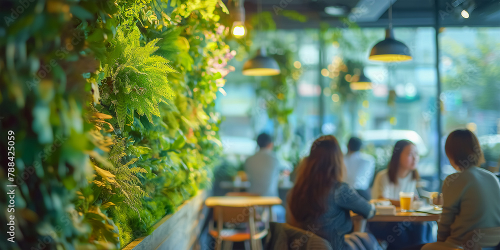 People dine in a modern restaurant with vertical landscaping and with ...