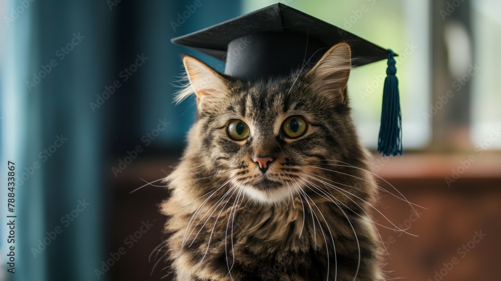 Whimsical and cute tabby cat wearing graduation cap celebrating ...