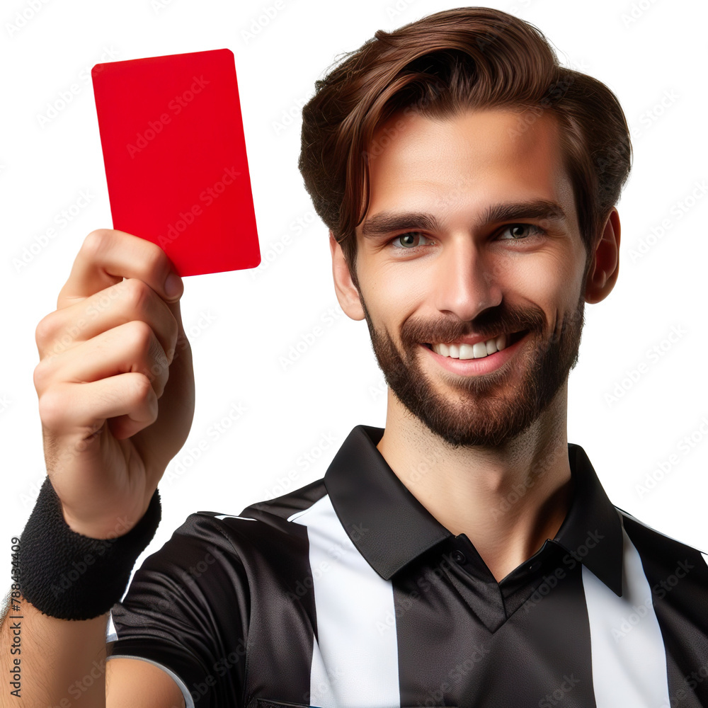 Studio shot photo of referee smile showing a red card to a football ...
