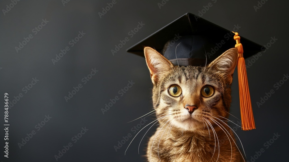 Tabby cat wearing mortarboard cap at graduation ceremony with academic ...