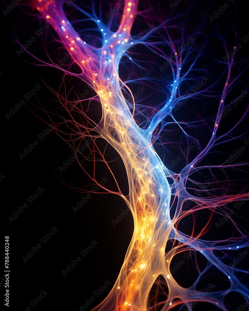 Fiber optic nerves in a synthetic limb, close-up, multi-colored glow ...