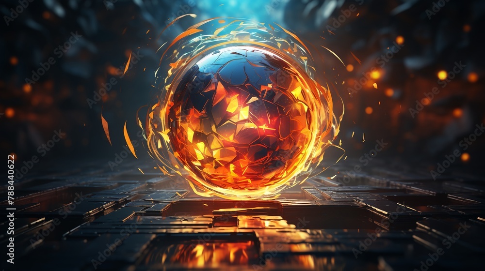 Levitating orb of fire, close-up, vibrant glow, dark moody background ...