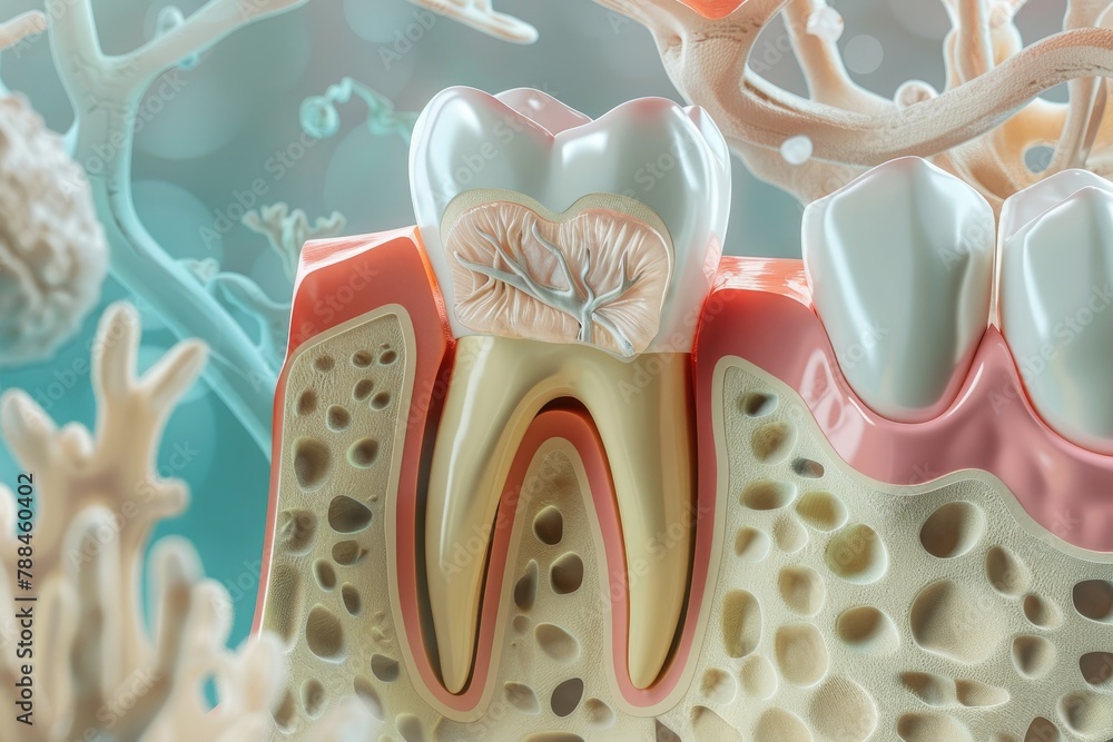 A 3D depiction of a cross-section of a wisdom tooth, illustrating ...