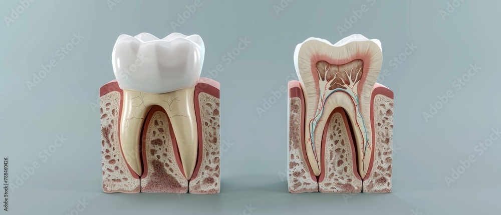 A 3D educational tool illustrating the cross-section of baby teeth ...