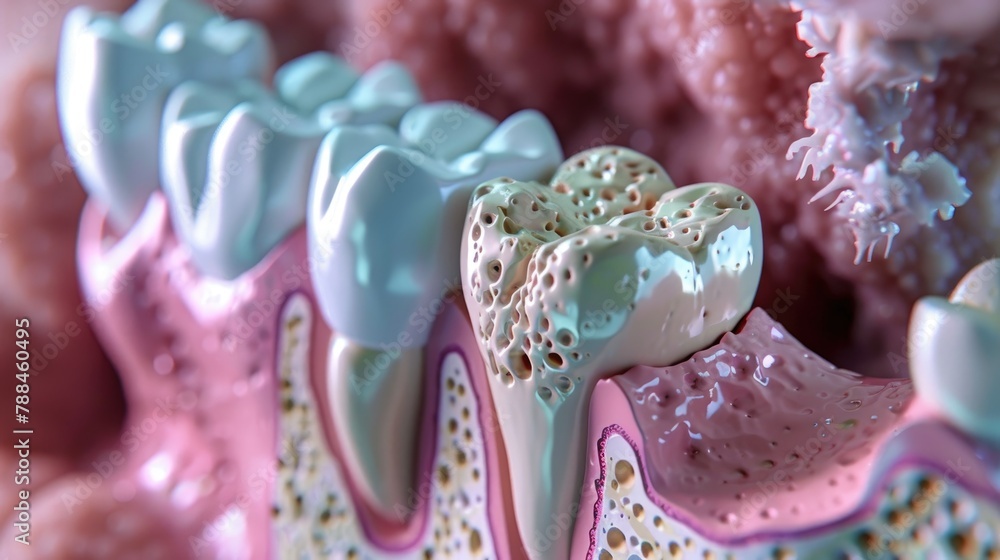 A 3D illustration of a detailed cross-section of a human molar, showing ...