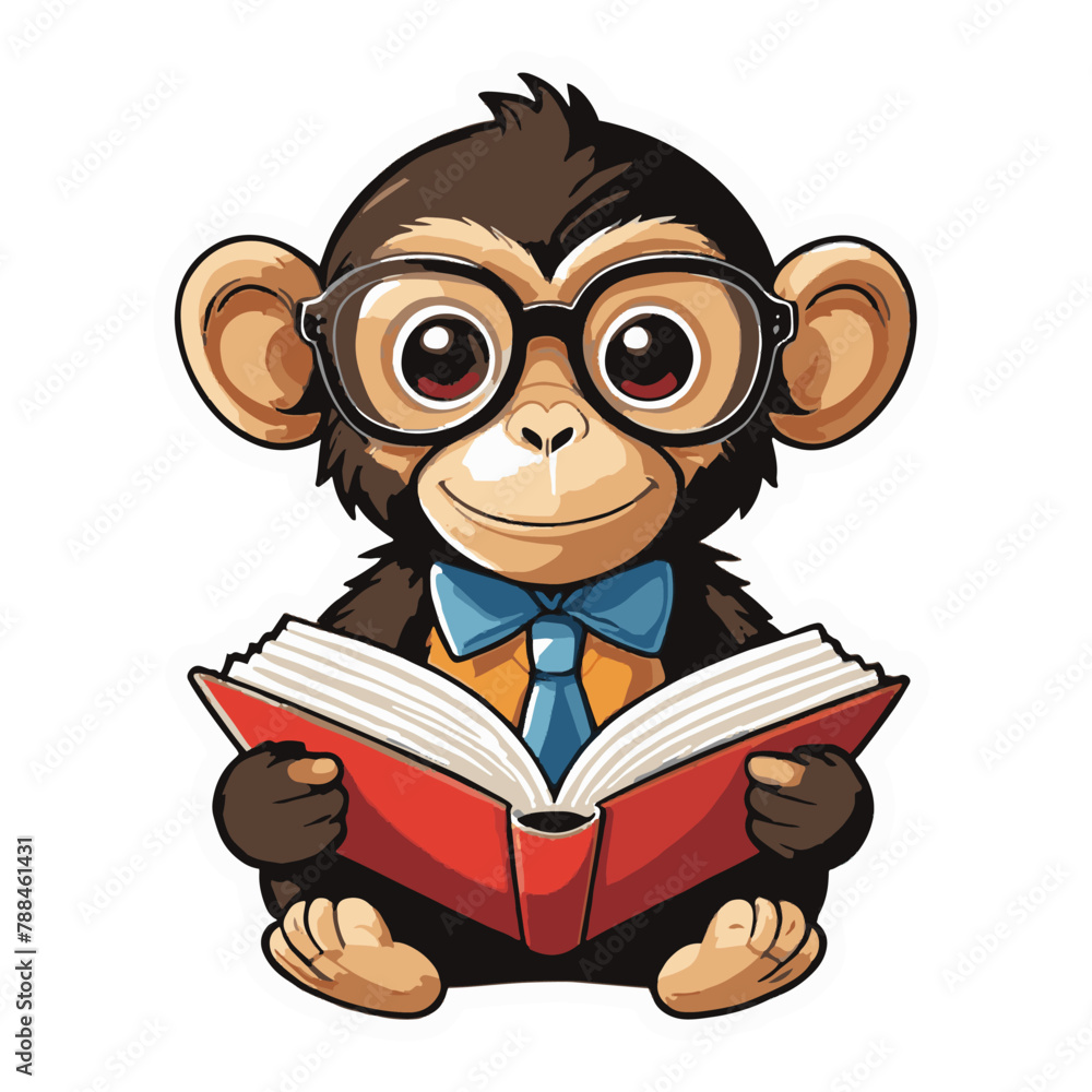 cute little monkey with glasses reading book, clipart vector isolation ...
