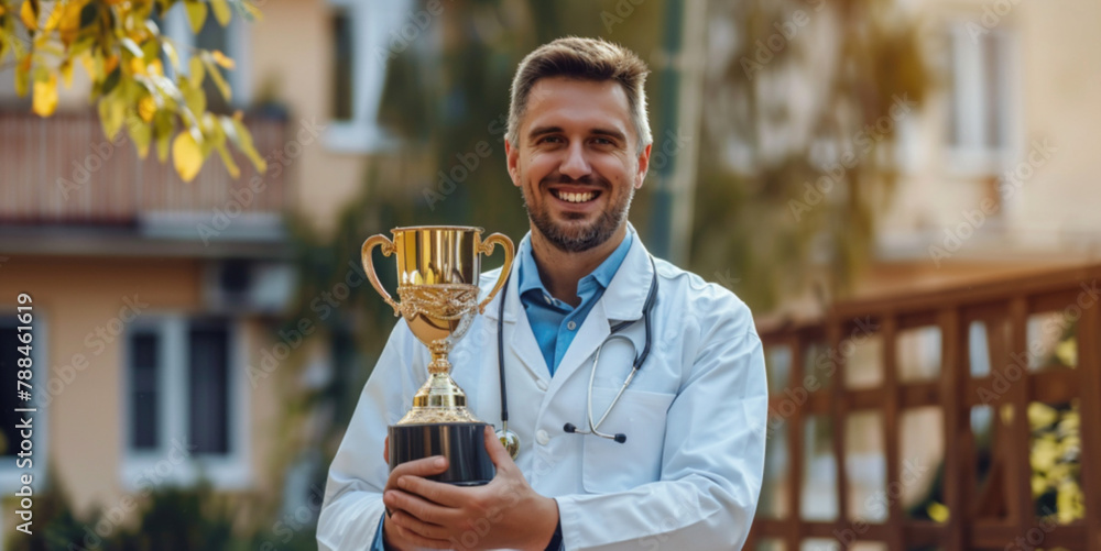 Smiling happy doctor in medical suit holding golden cup trophy close-up ...
