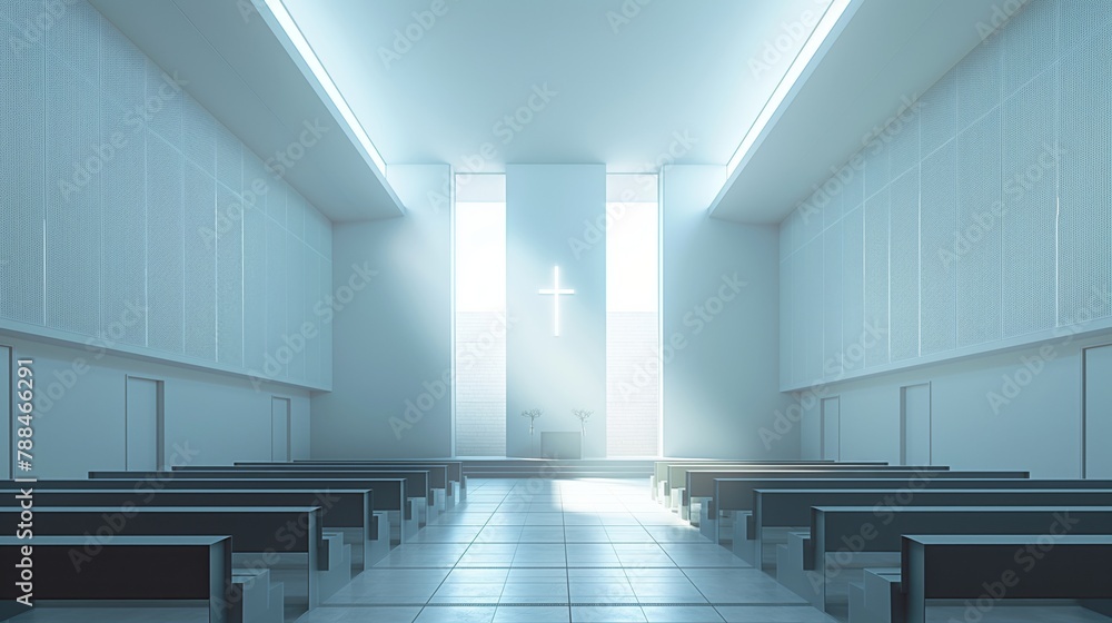 Christian protestant church with pew long benches white wall cross in ...