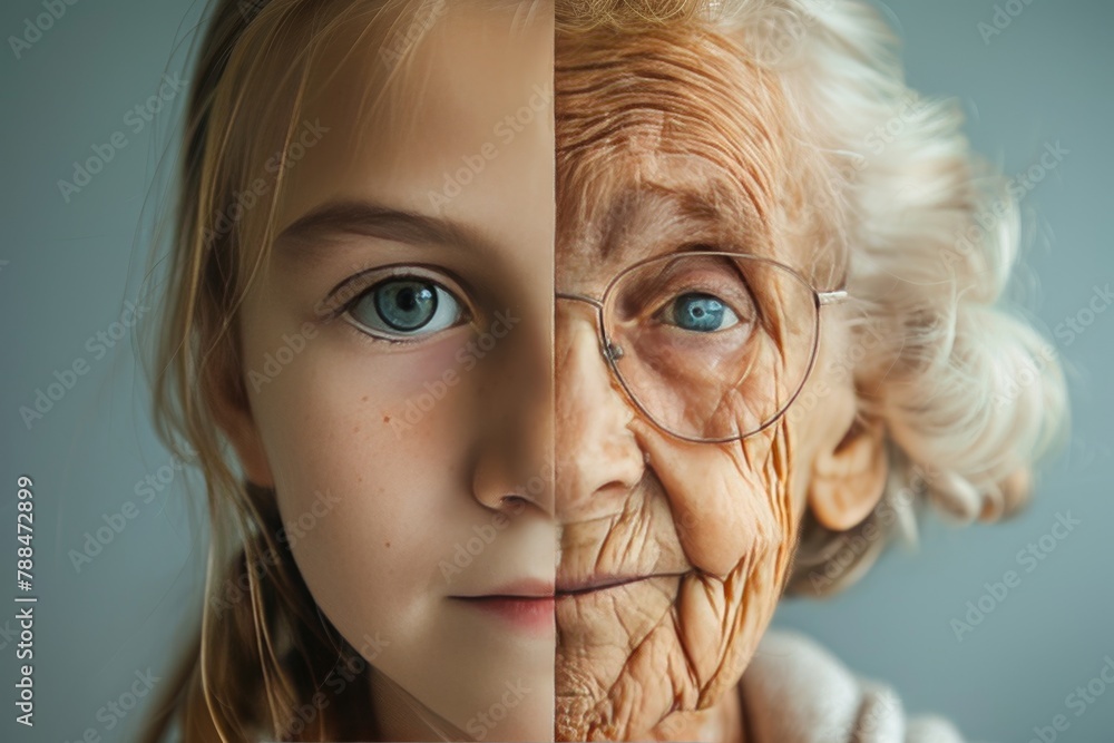Aging Woman Dual Comparison: Young vs. Old Face on Screen, Modern ...