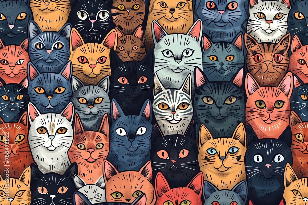 pattern of cartoon cats in various colors and expressions, arranged to ...