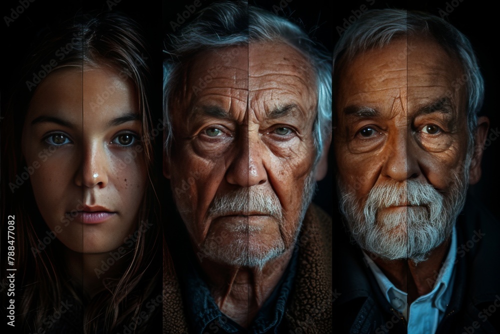 Aging Womans Face Dual Comparison: Young to Old Transition, Modern ...