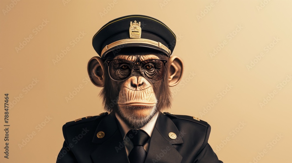 Portrait of a uniformed anthropomorphic monkey captain in formal attire ...