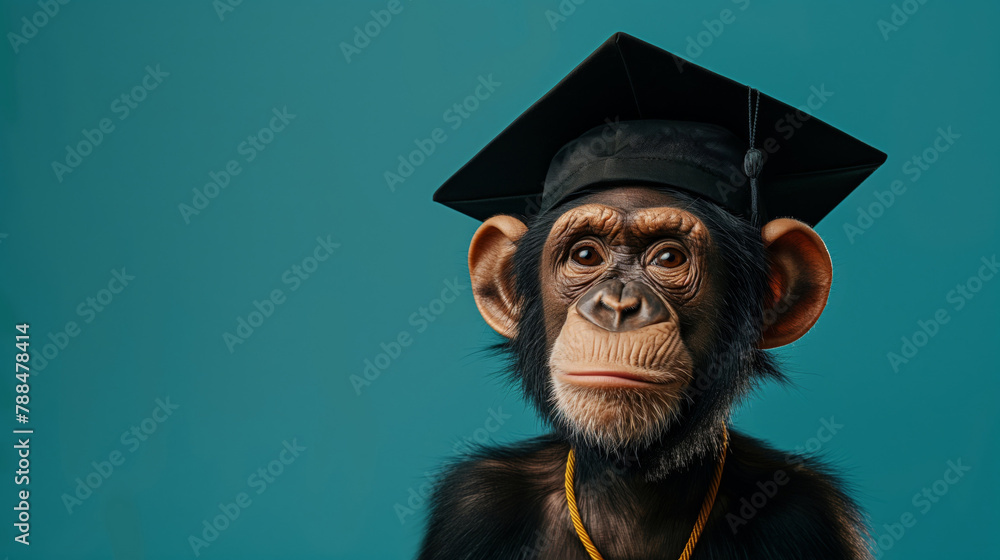 Intelligent chimpanzee wearing graduation cap and gown, celebrating ...