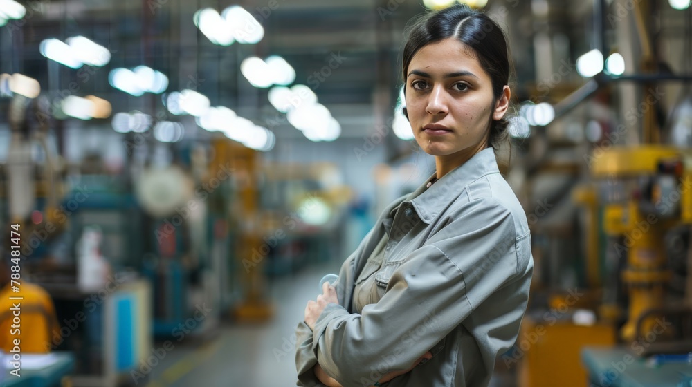 The resilient figure of a female worker on the factory floor, her ...