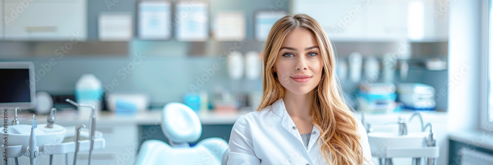Foto de Banner, attractive female dentist in a white uniform on the ...