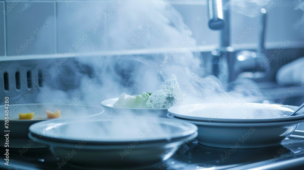 Sanitizing dishes in boiling water, health safety, thorough cleaning ...
