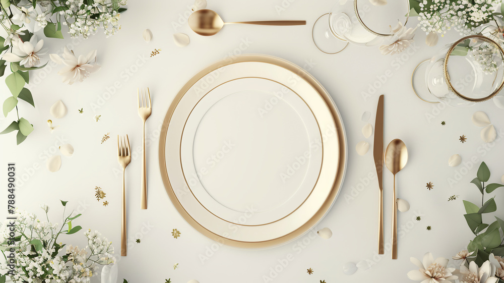 table setting mockup text copy space card plates, golden cutlery, and ...