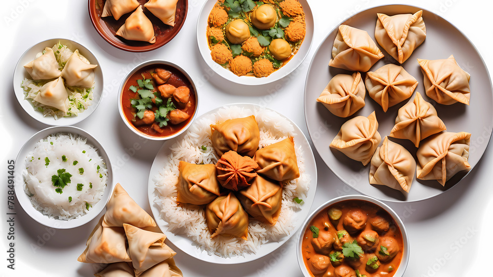 Desi, Indian traditional food set, top view. pizza, hummus, biryani ...
