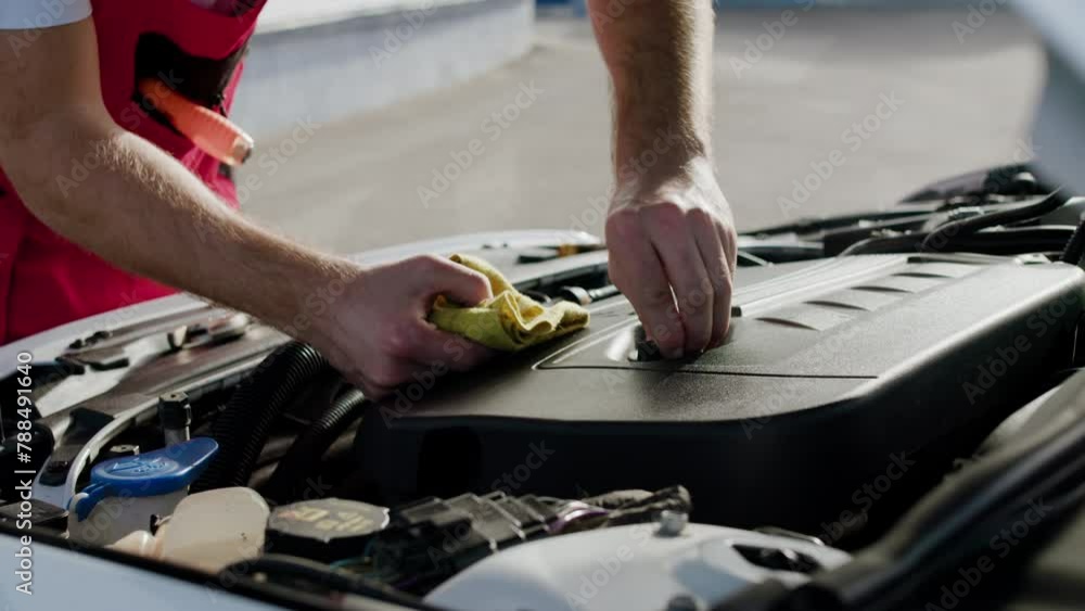 Auto technician repairs car engine in close-up addressing issue of ...