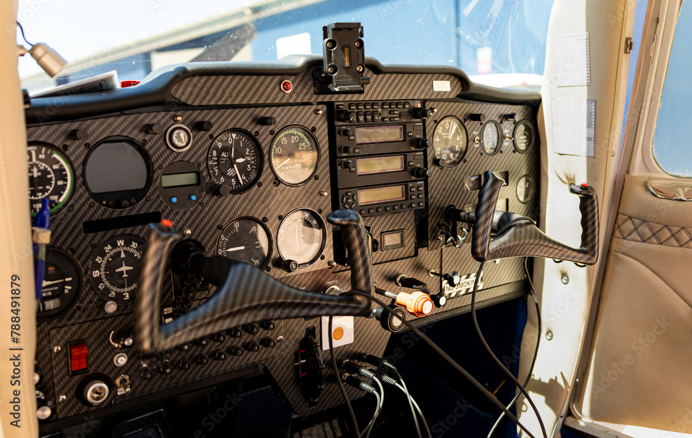 Detail photograph of the interior of a light aircraft cabin. Airplane ...