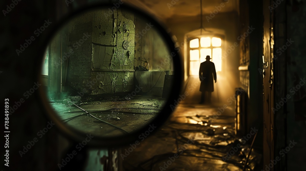a dimly lit room through a keyhole, focusing on a mysterious figure ...