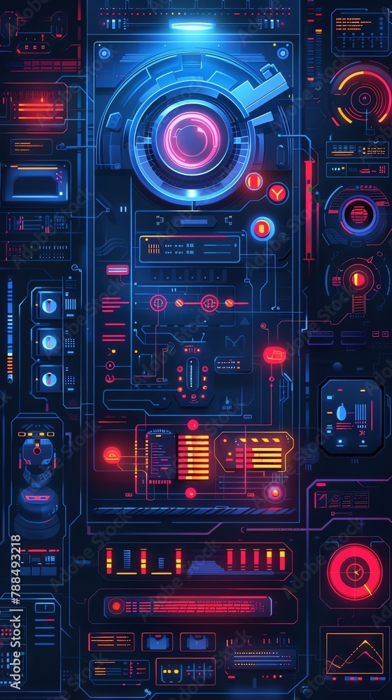 Tech Interface with vibrant colors in a pixel art style, focusing on ...