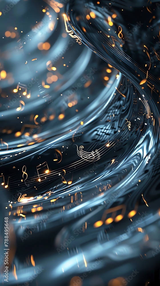 the dynamic motion of musical notes swirling in a birds-eye view ...