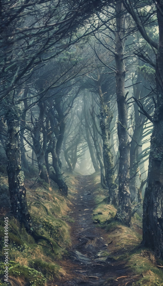 Mystical Forest Path A foggy, mysterious forest path lined with ancient ...