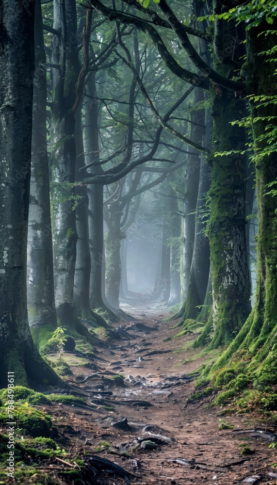 Mystical Forest Path A foggy, mysterious forest path lined with ancient ...