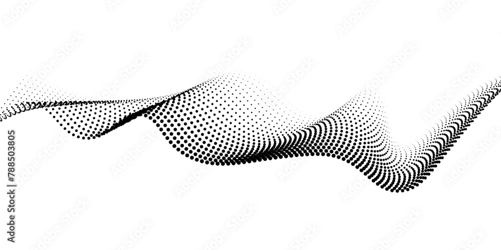 Flowing dot particles wave pattern halftone black gradient smooth curve ...