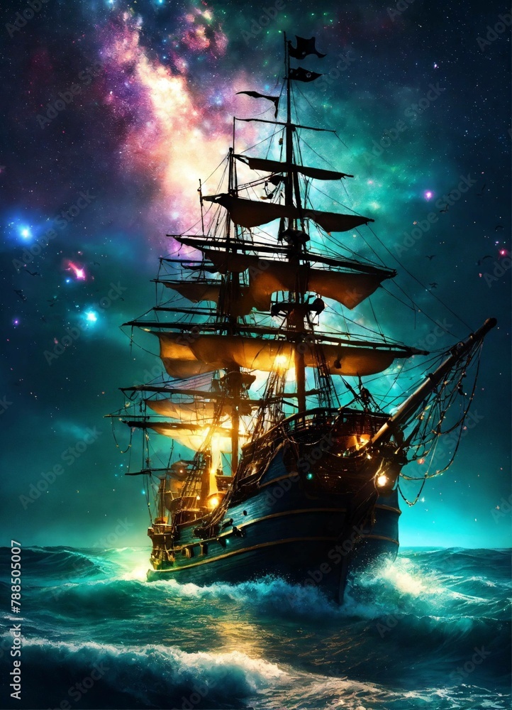 (Pirate ship sailing and one flash light a bioluminescence sea with a ...