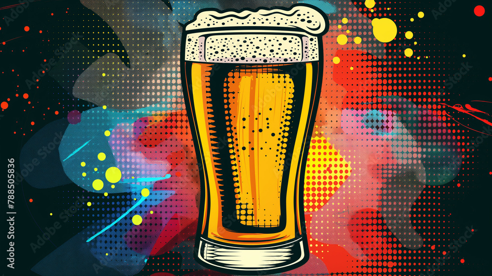 Sparkling beer glass poster designed in pop art style for bar wall ...