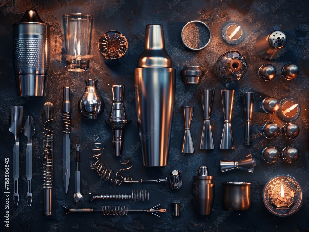 Bar tools laid out on a dark surface, single light source highlighting ...