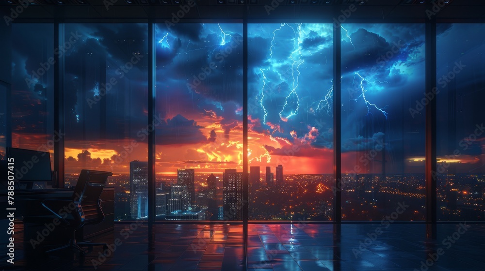 Office during a storm, dramatic view of lightning through large windows ...