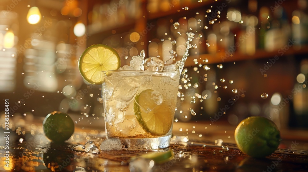 Pouring a classic Gin Rickey, lime twist falling into the glass, 1920s ...